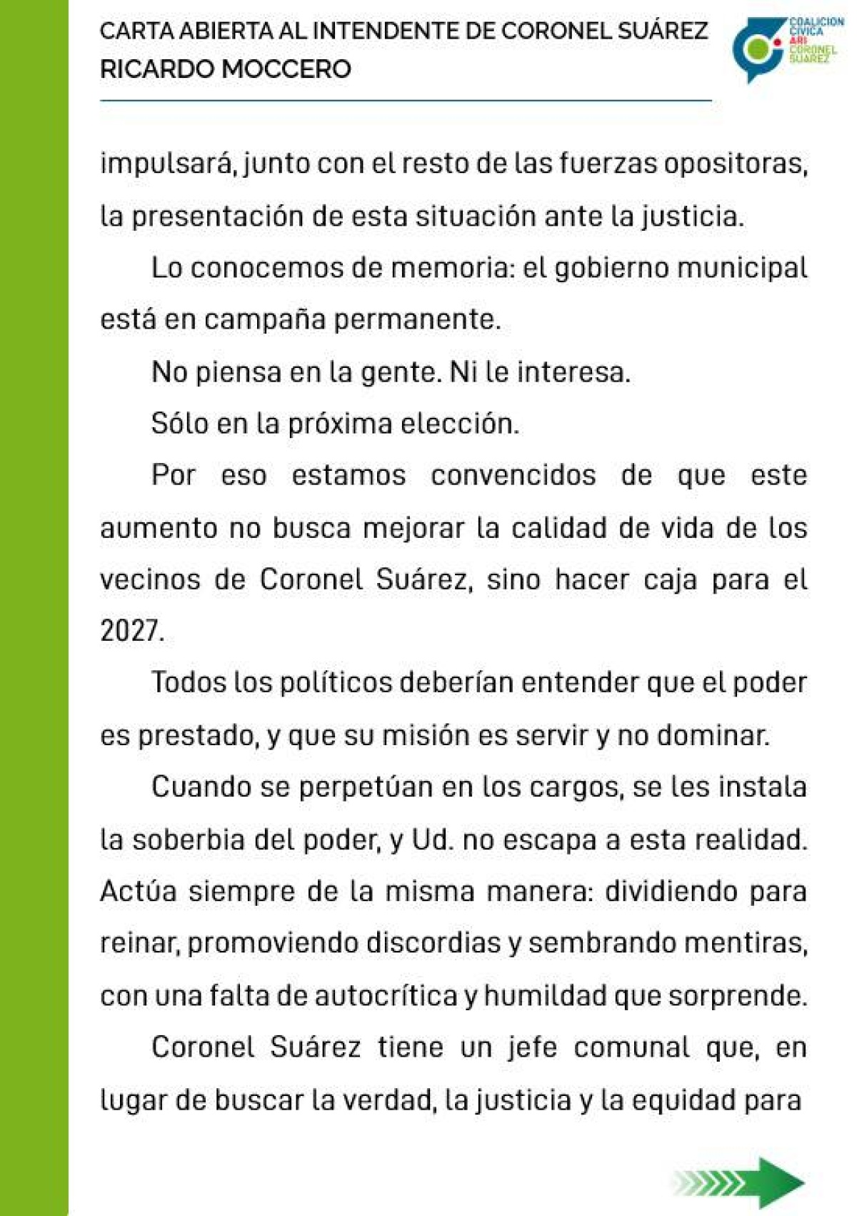 Carta abierta al intendente de Coronel Suárez Ricardo Moccero, por la ...