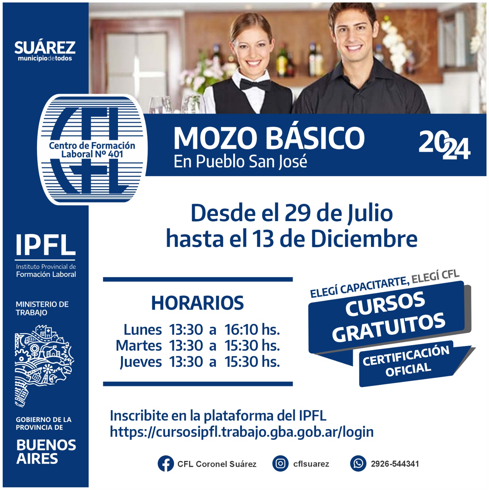 CFL: curso gratuito con certificación oficial de mozo en Pueblo San José
