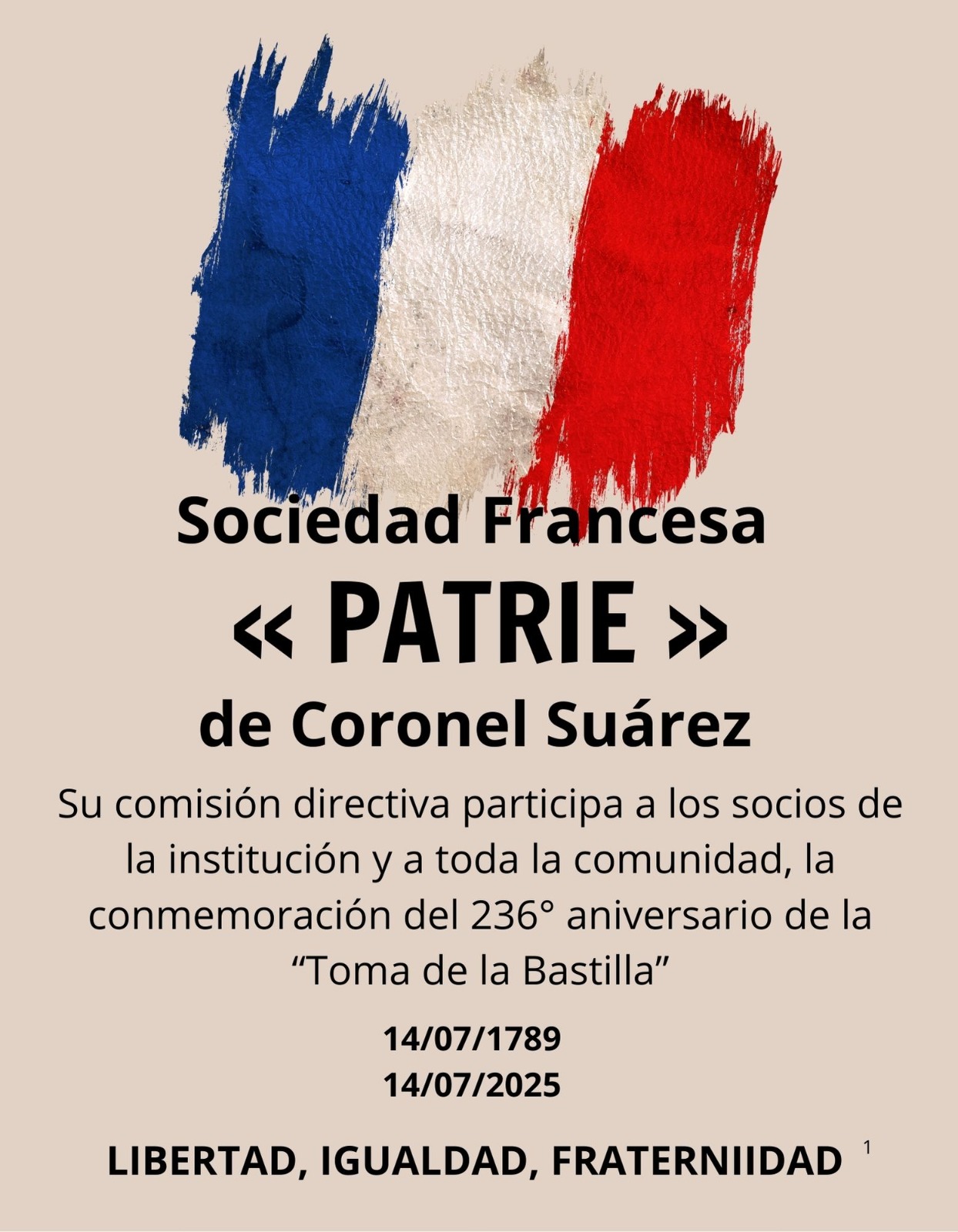 Saludo de La Sociedad Francesa "Patrie" de Coronel Suárez, en el 236 ...